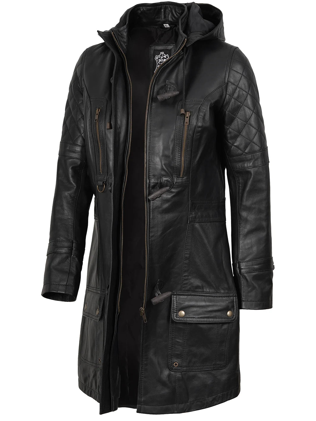 Women’s 3/4 Length Black Leather Coat With hood – Decrum